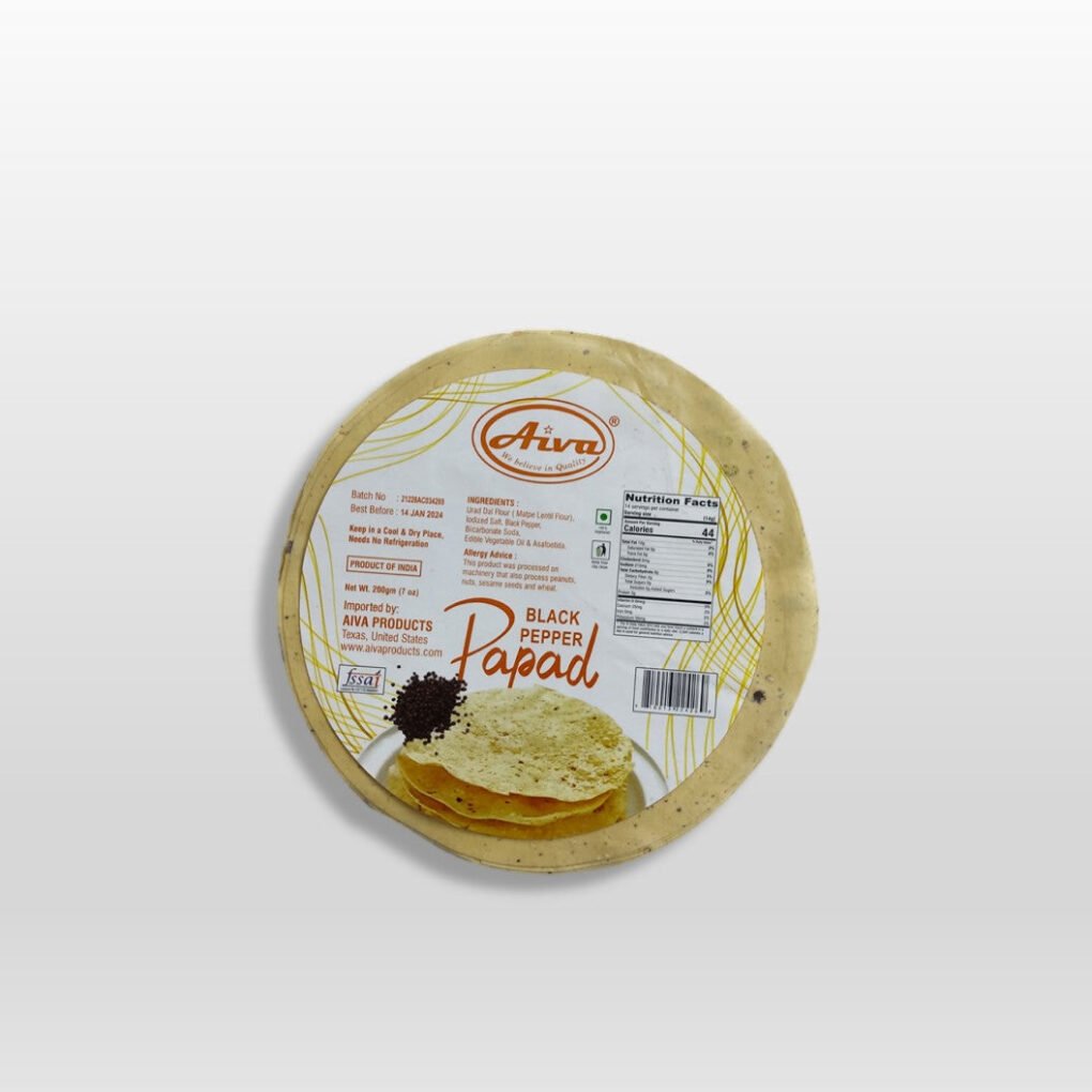 Aiva Pappadums (Indian Lentil Wafer Snack) Black Pepper Papad - Snack ...